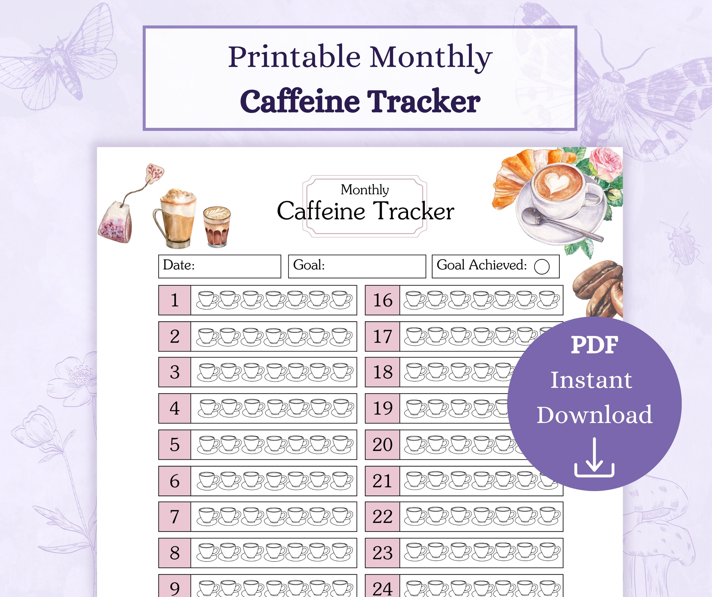 Monthly Caffeine Tracker Printable PDF | Wellness Planner | Caffeine ...