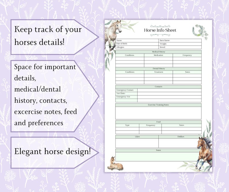 Horse Info Sheet Printable PDF | Horse Vet Records Care Information ...