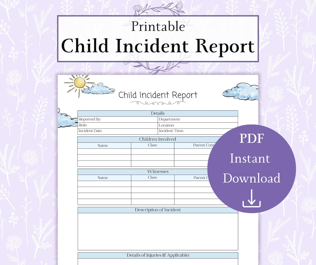 Child Incident Report Printable PDF | Daycare Ouch Report | Children's ...