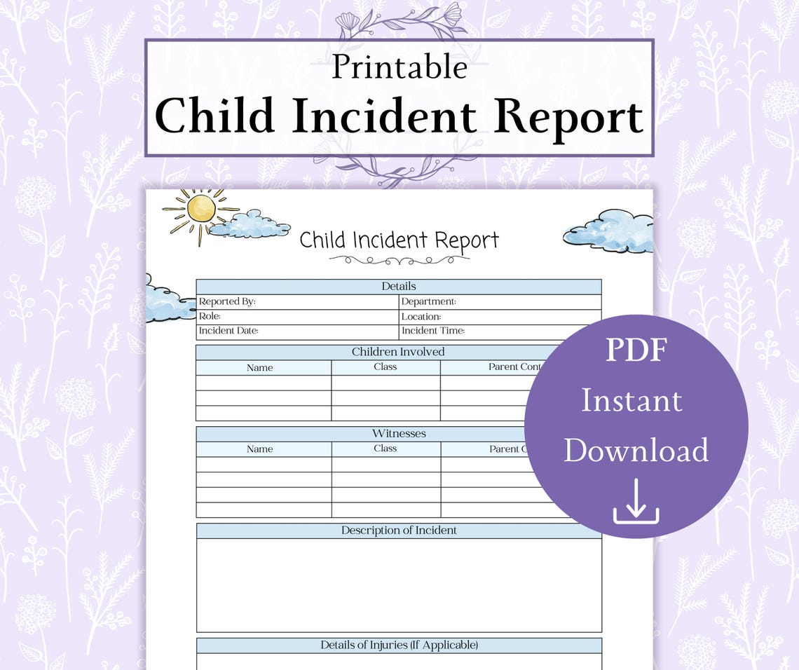 Child Incident Report Printable PDF | Daycare Ouch Report | Children's ...