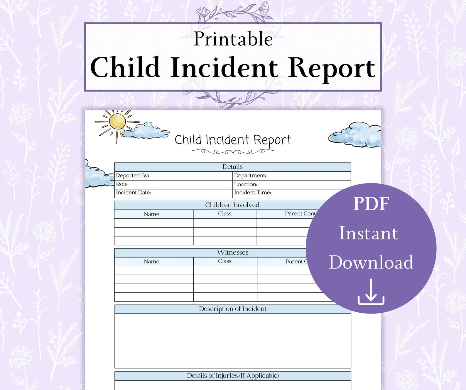 Child Incident Report Printable PDF | Daycare Ouch Report | Children's ...