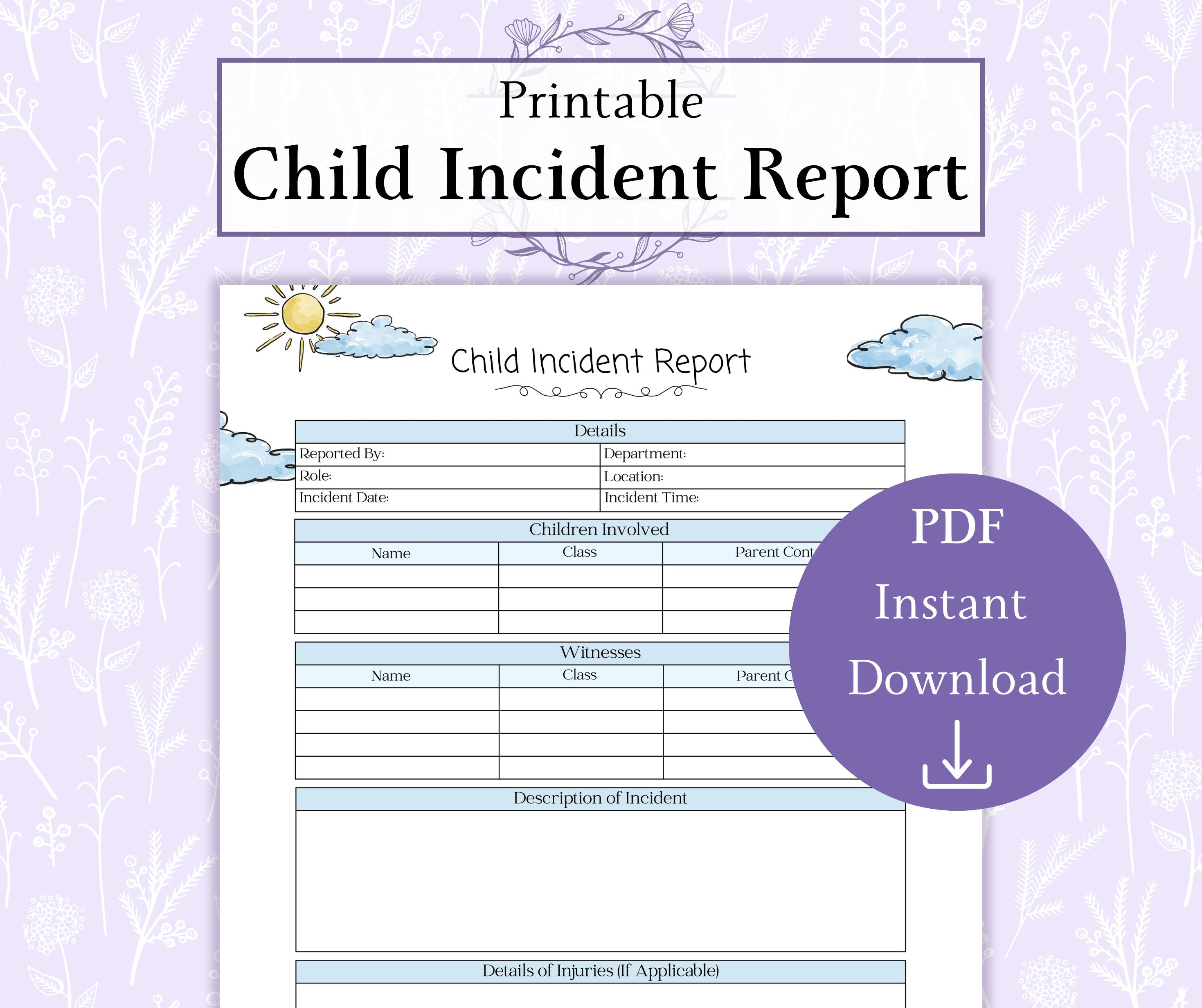 Child Incident Report Printable PDF | Daycare Ouch Report | Children's ...