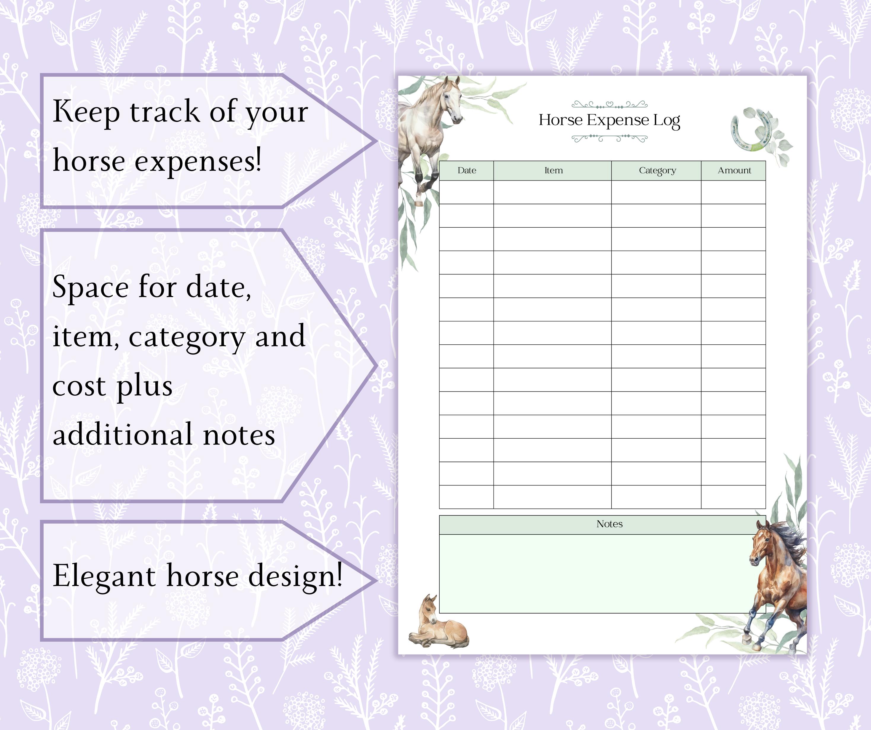 Horse Expense Log Printable PDF | Pet Expense Tracker | Equine Record ...