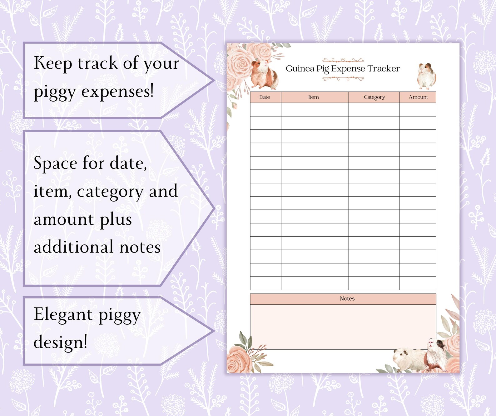 Guinea Pig Expense Tracker Printable PDF | Guinea Pig Care Log | Pet ...