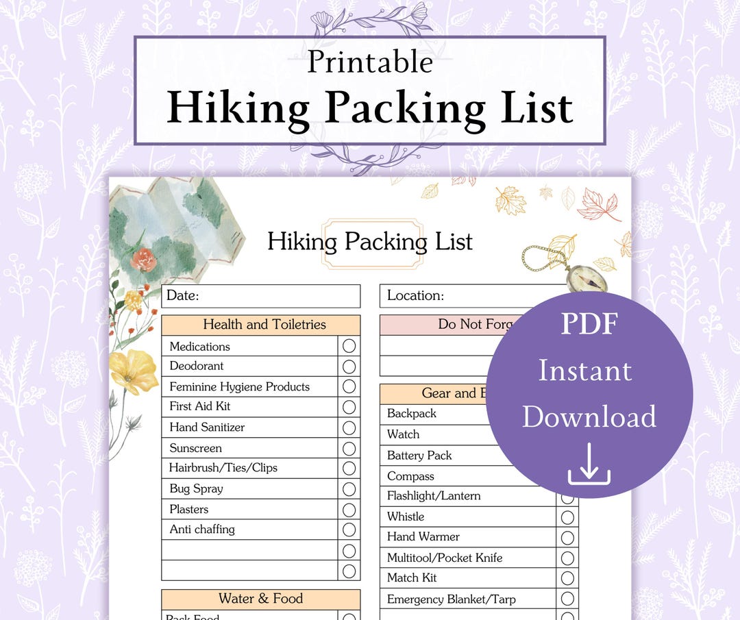 Hiking Packing List Printable PDF | Travel Checklist | Hiking Logbook ...