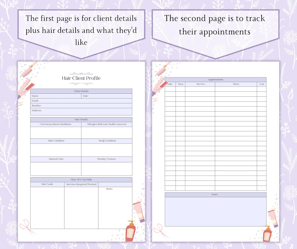 Hair Salon Customer Profile Printable PDF | Client Appointment Tracker ...
