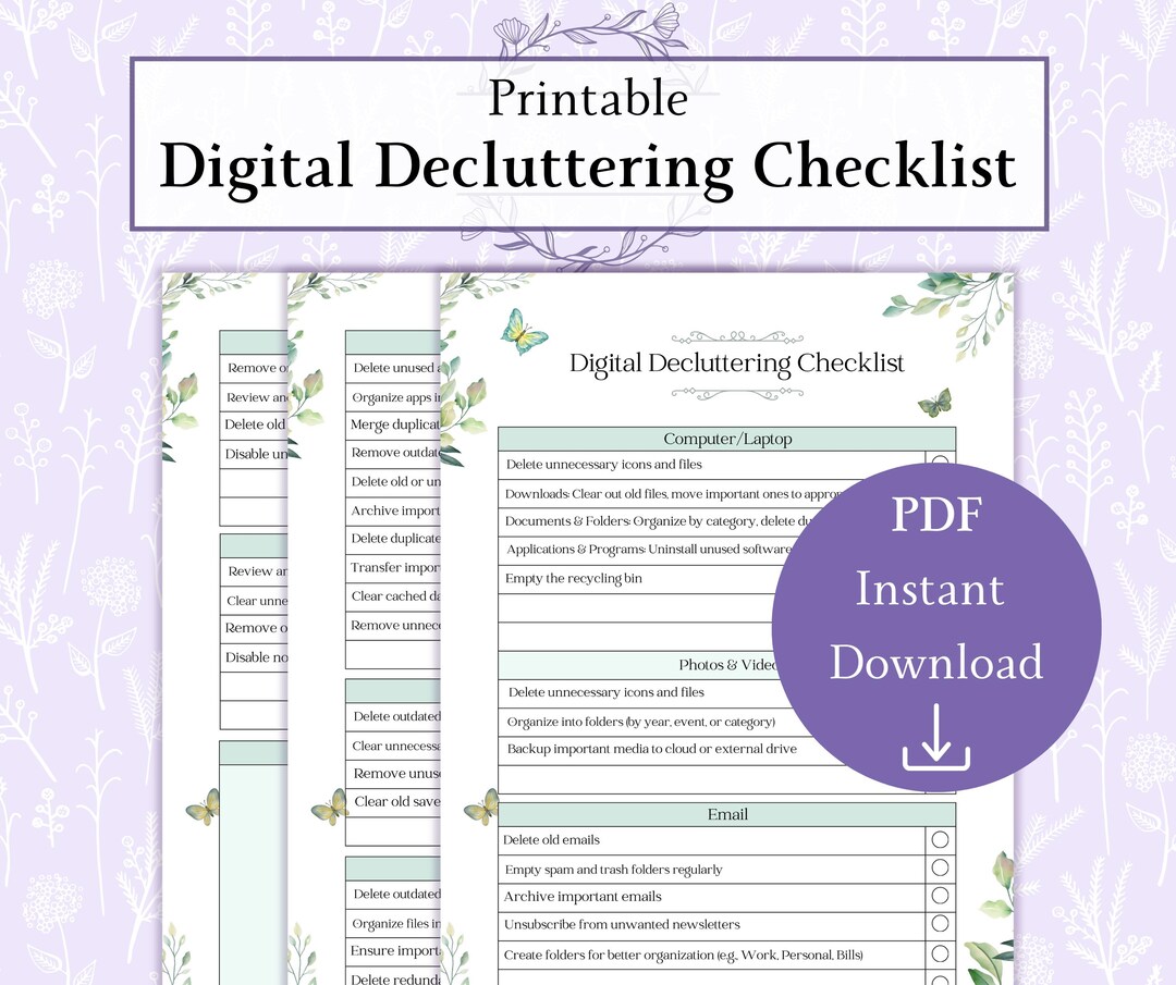 Digital Decluttering Checklist Printable PDF | Declutter Worksheet ...
