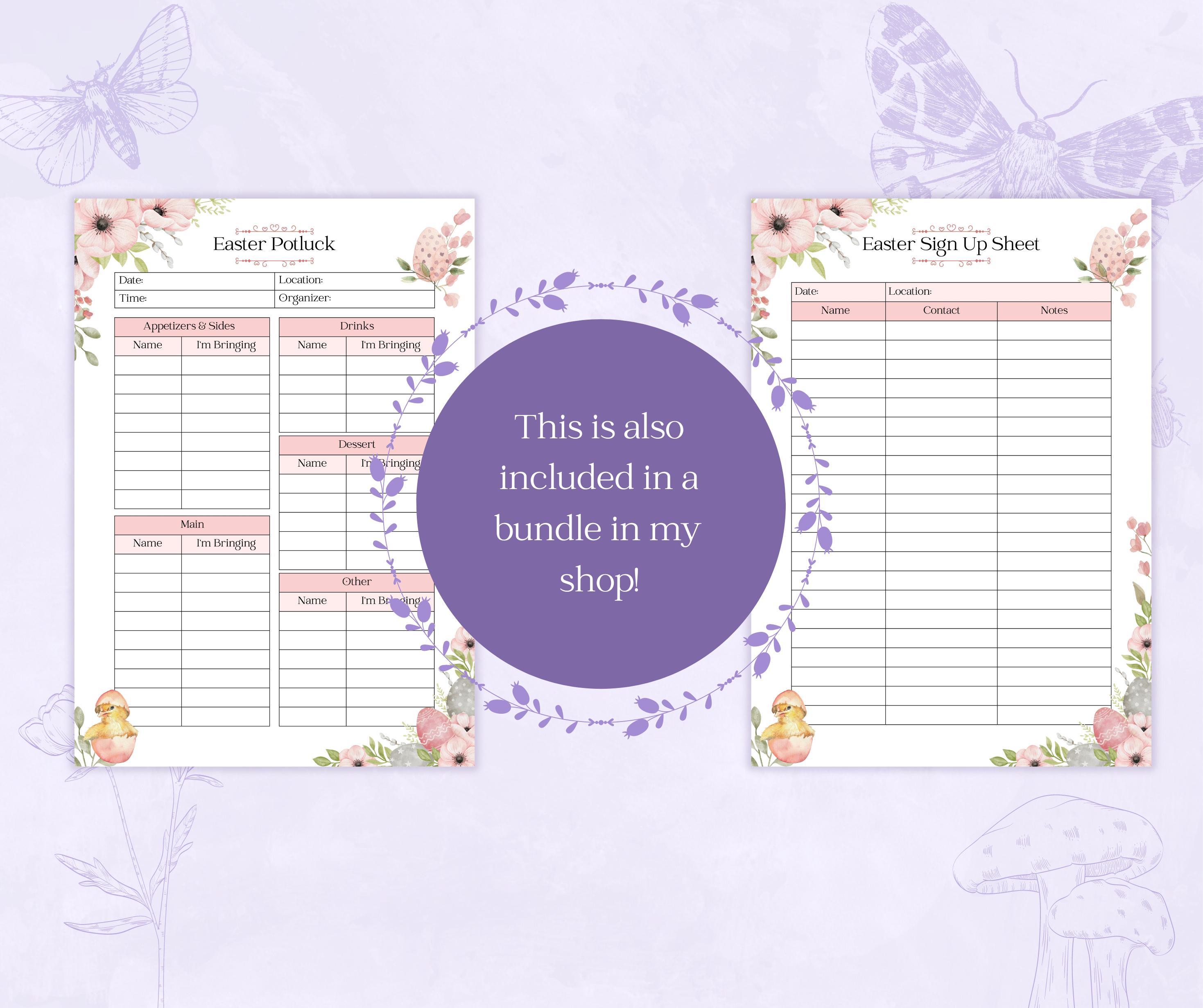 Easter Sign up Sheet Printable PDF | Religious Holiday Party | Contact ...