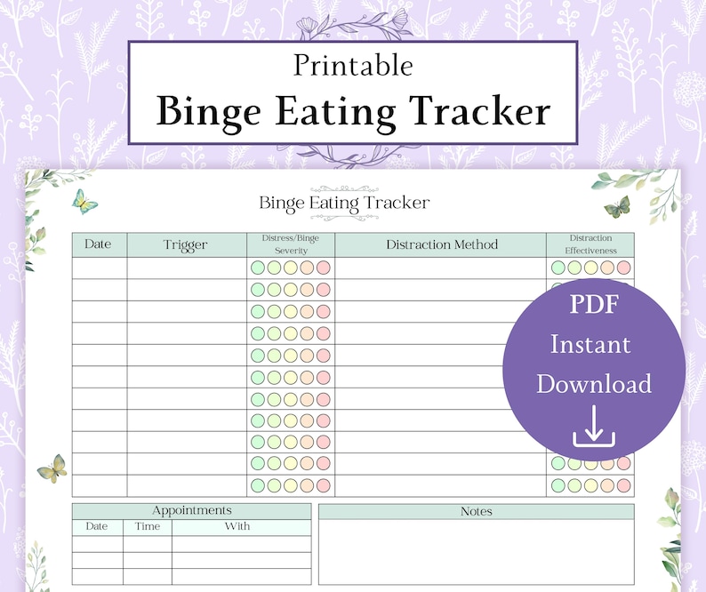 Binge Eating Tracker Printable PDF | Symptom Tracker | Emotional Eating ...