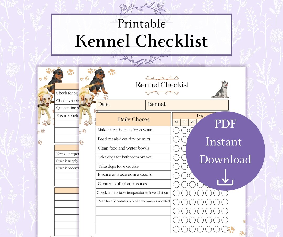 Kennel Checklist Printable PDF | Animal Checklist Veterinary Records ...