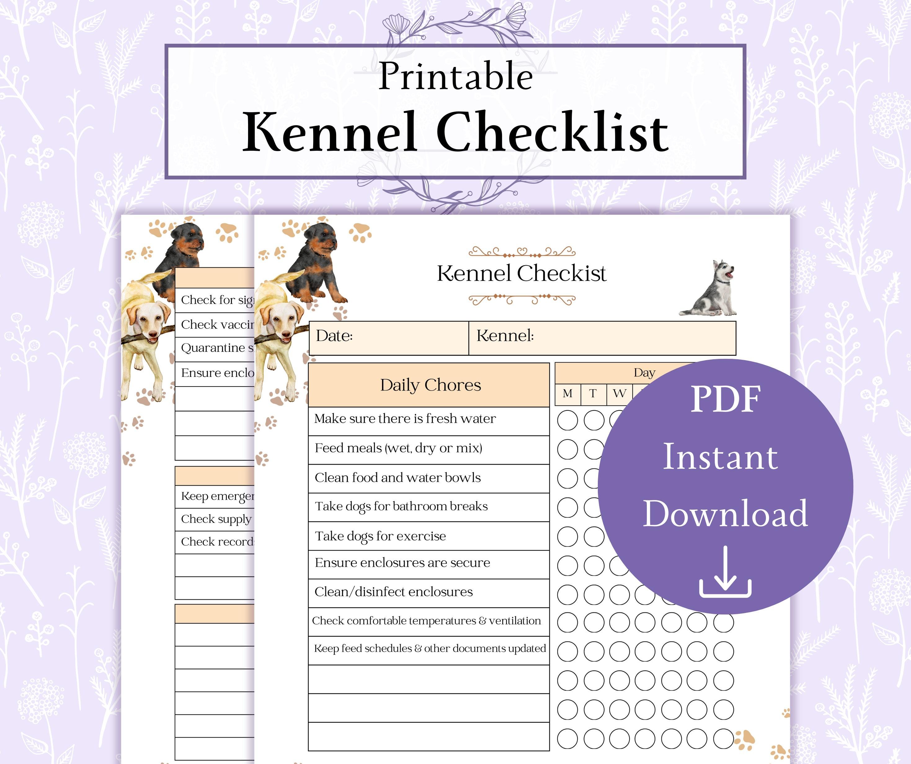 Kennel Checklist Printable PDF | Animal Checklist Veterinary Records | Pet Daily Log Animal ...