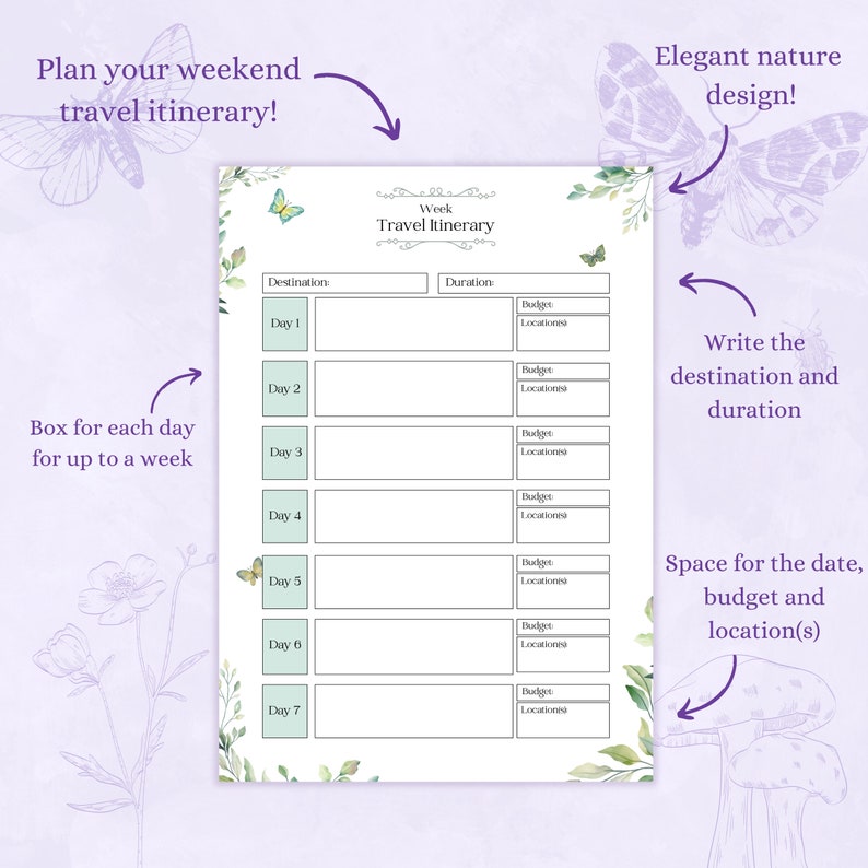 Travel Itinerary Printable PDF | Weekly Planner | Week Vacation Planner ...