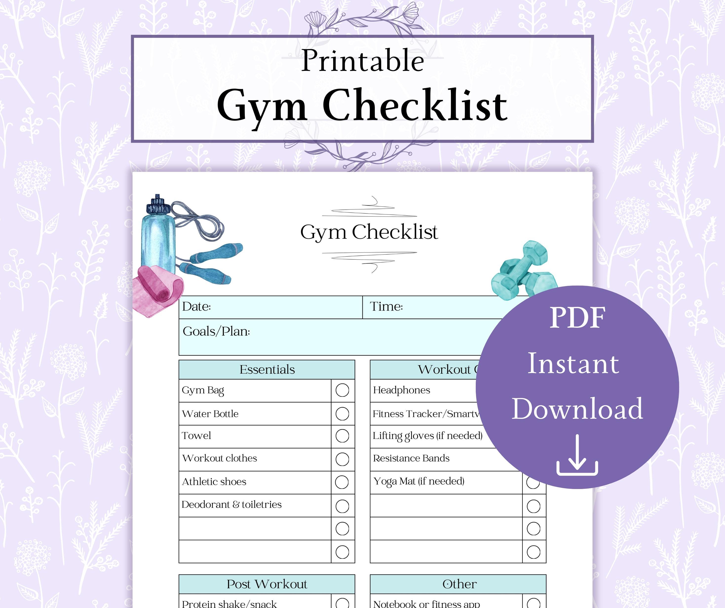 Gym Checklist Printable PDF | Workout Checklist | Gym Prep List ...