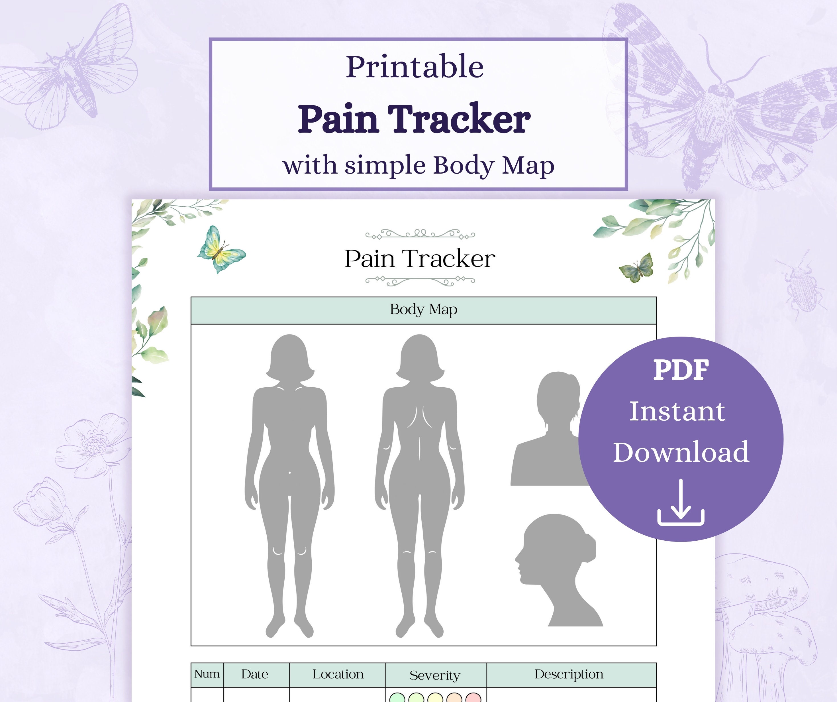 Pain Tracker With Body Map Printable PDF | Pain Diary | Symptom Journal ...
