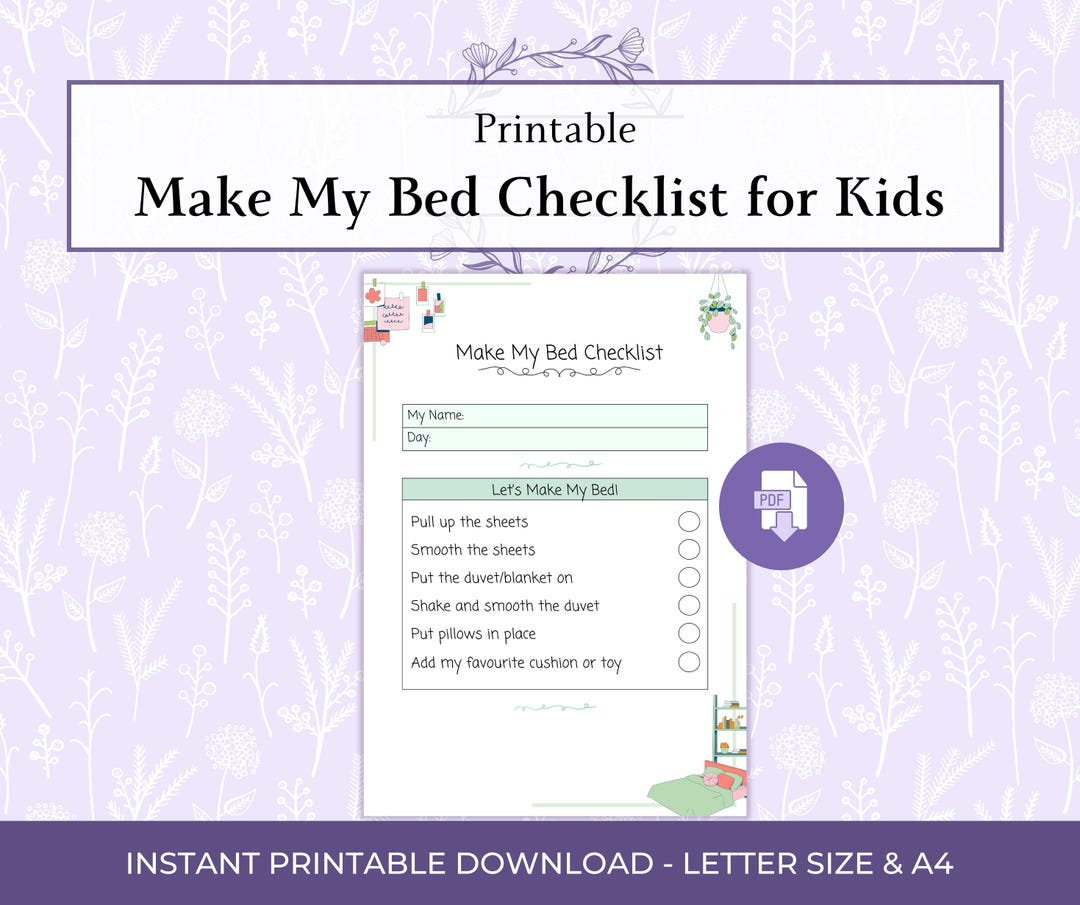 Make My Bed Checklist for Kids Printable PDF, Morning Routine & Bedroom ...