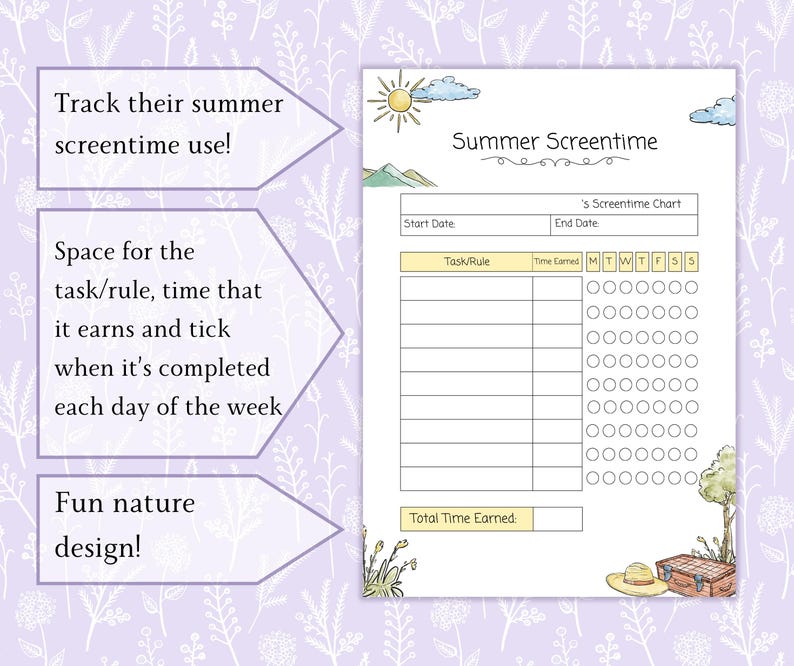 Summer Screentime Chart for Kids Printable PDF | Summer Screentime ...