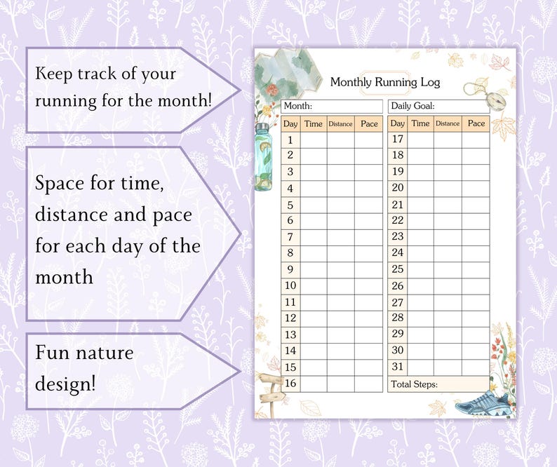 Monthly Running Log Printable PDF | Running Chart | Workout Planner ...