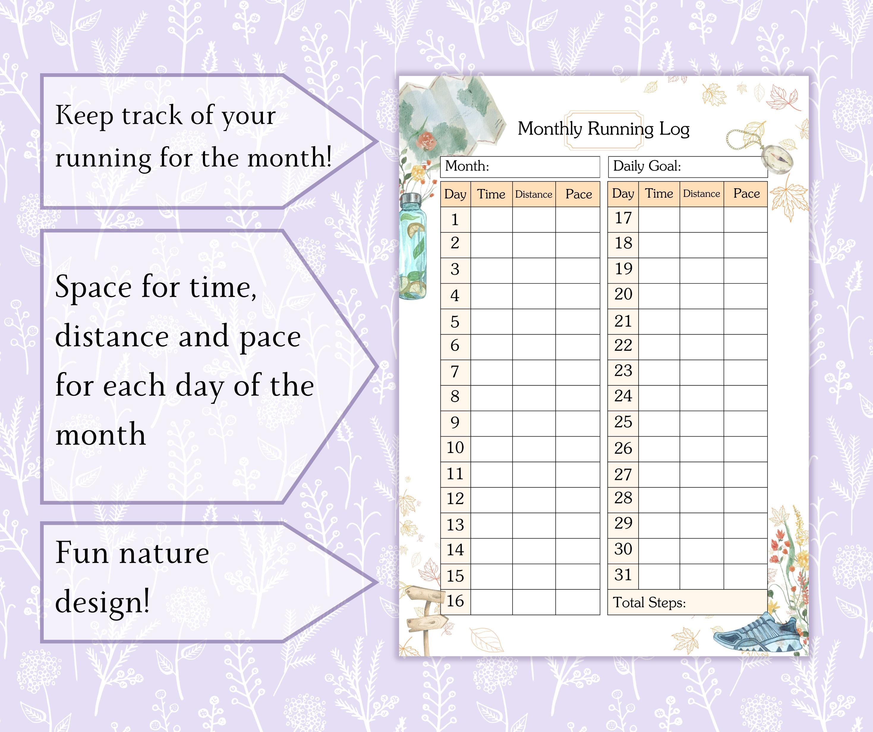 Monthly Running Log Printable PDF | Running Chart | Workout Planner ...