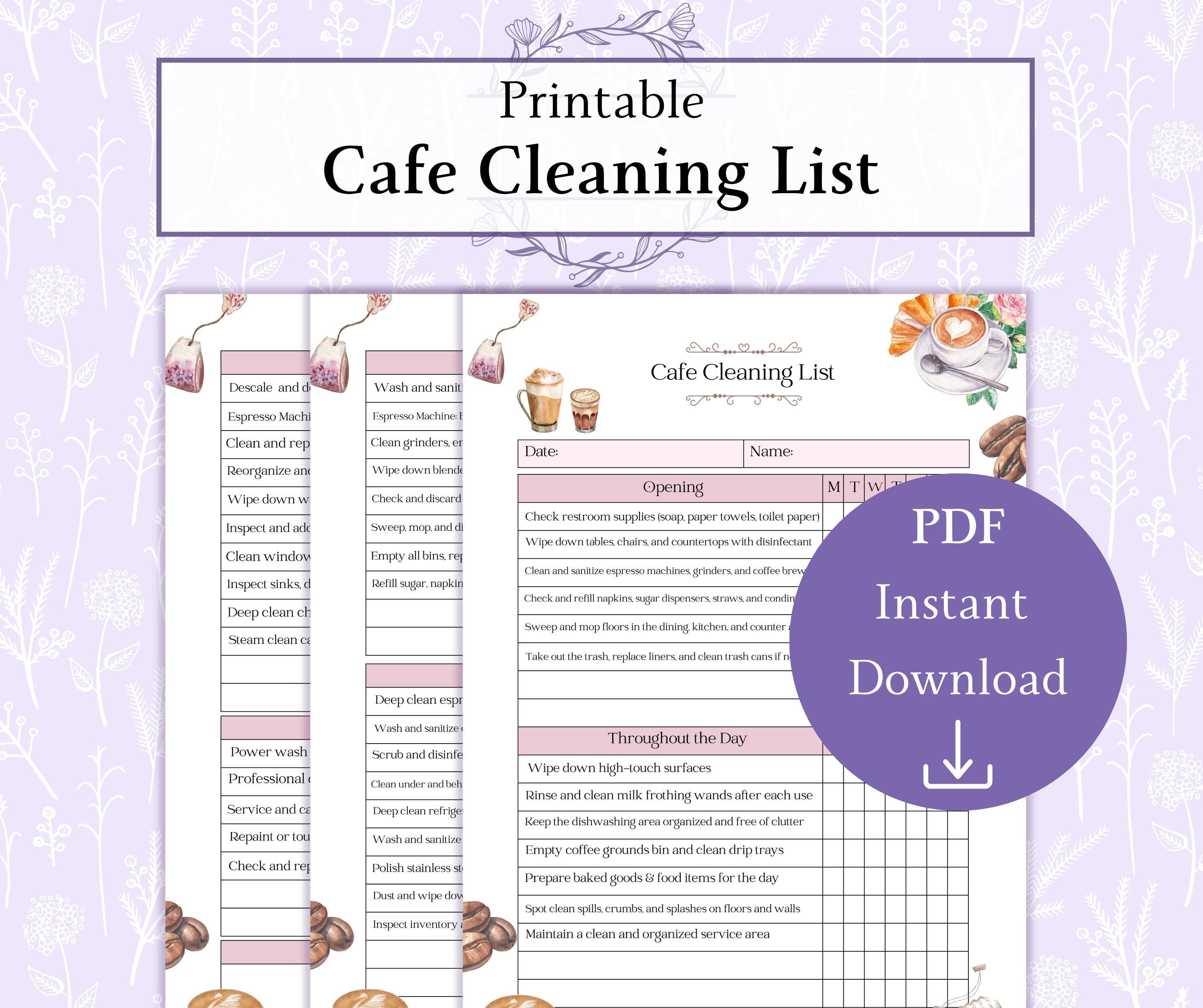 Cafe Cleaning List Printable PDF | Cafe Checklist | Barista Checklist ...