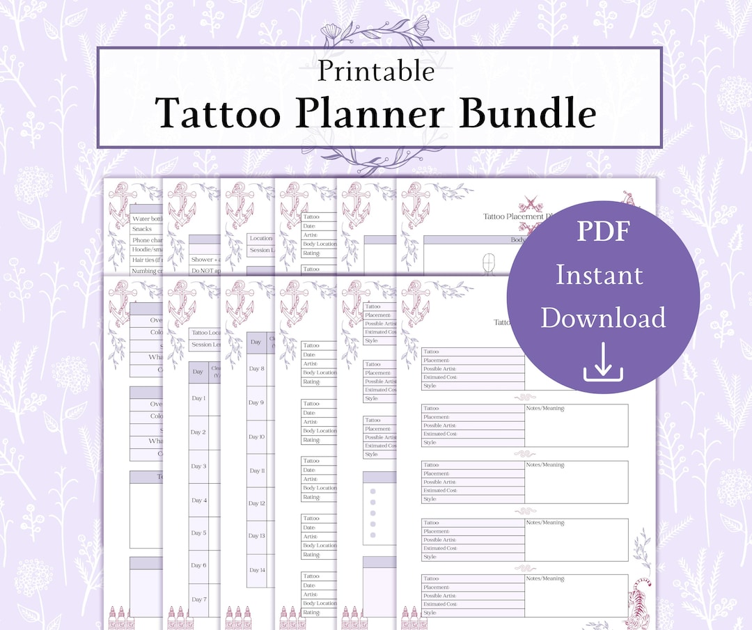 Tattoo Planner Bundle Printable PDF, Tattoo Planning and Aftercare Kit ...