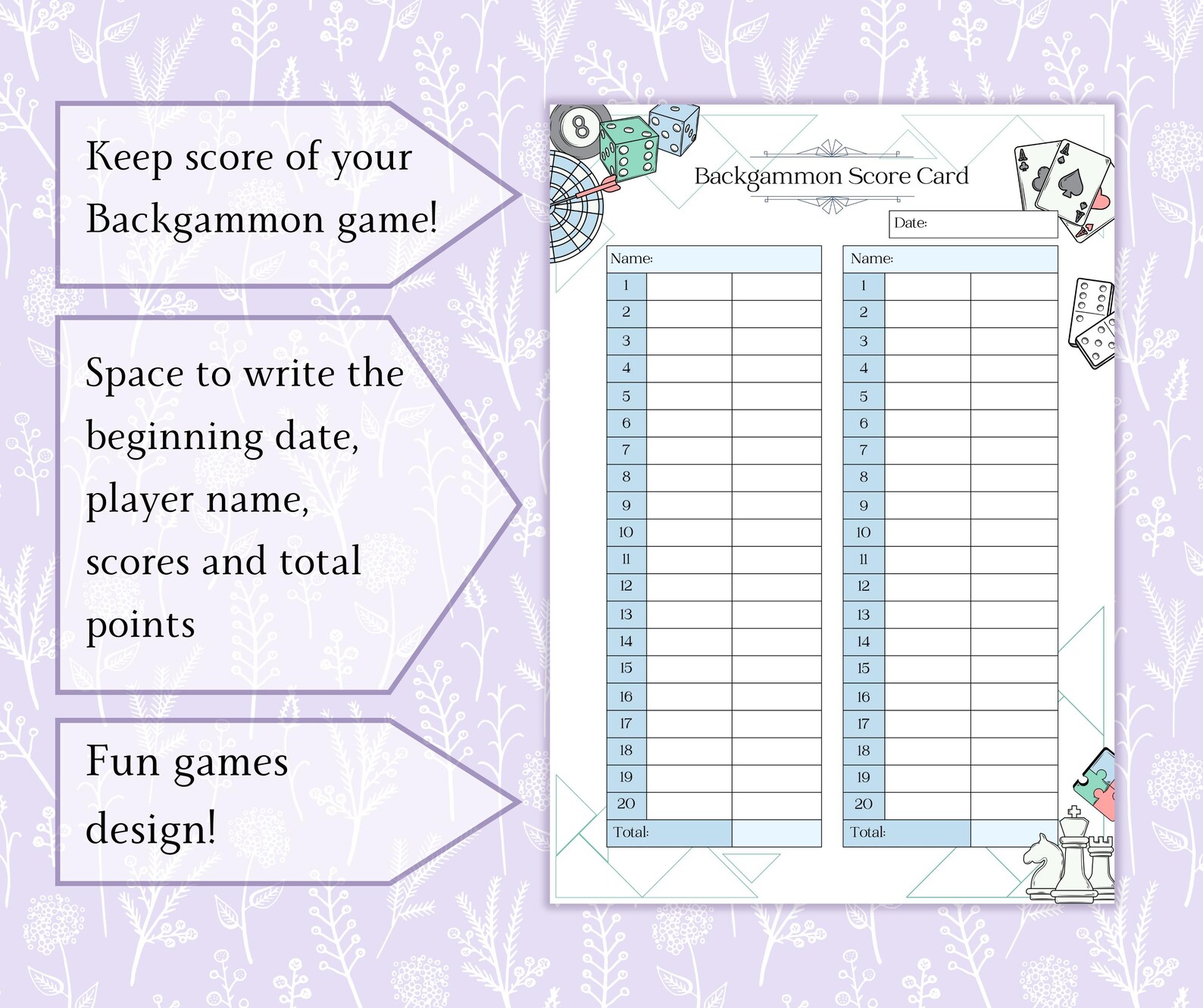 Backgammon Score Card Printable PDF | Board Game Lover Score Board | Backgammon Tally Tracker ...