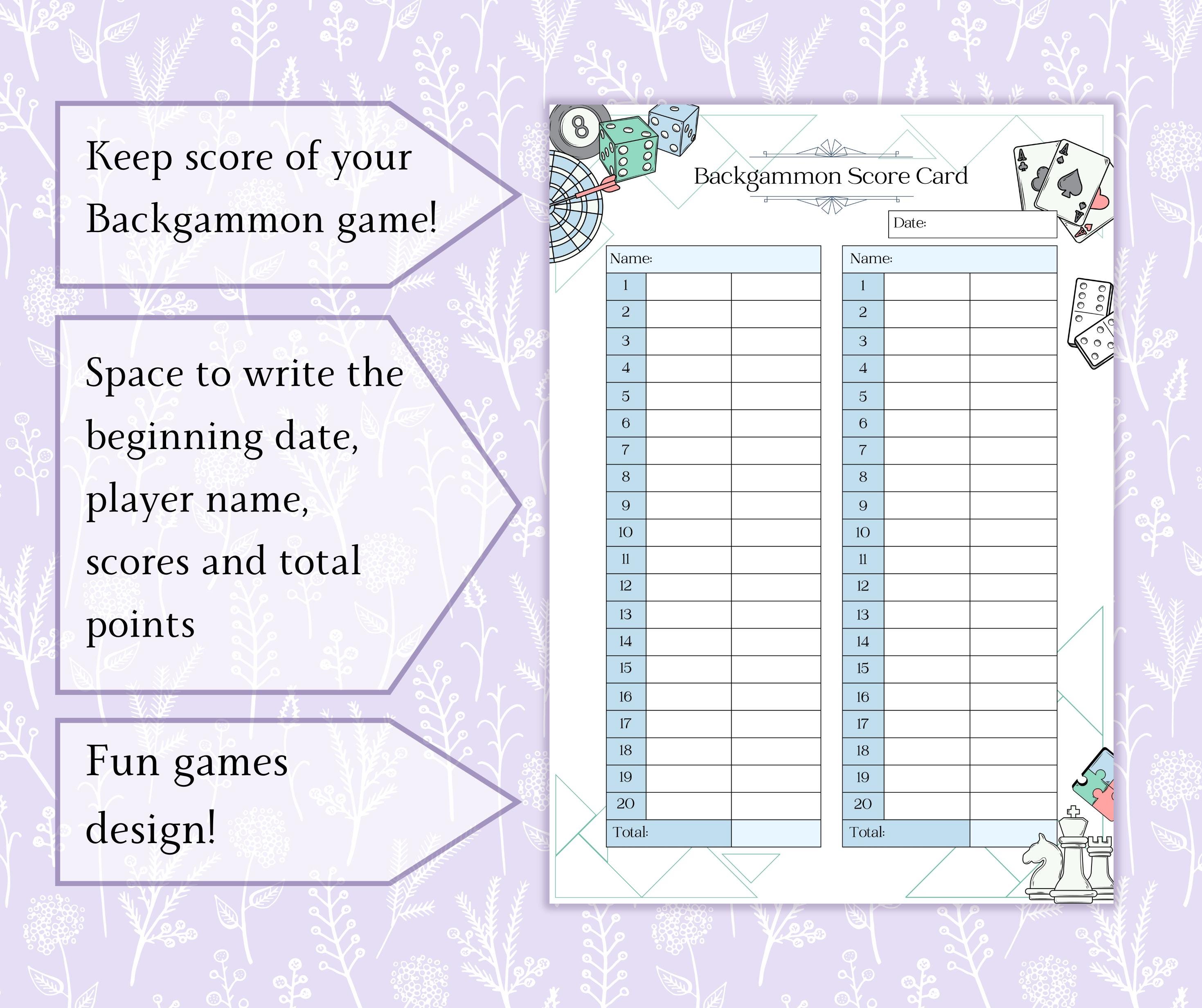 Backgammon Score Card Printable PDF | Board Game Lover Score Board ...