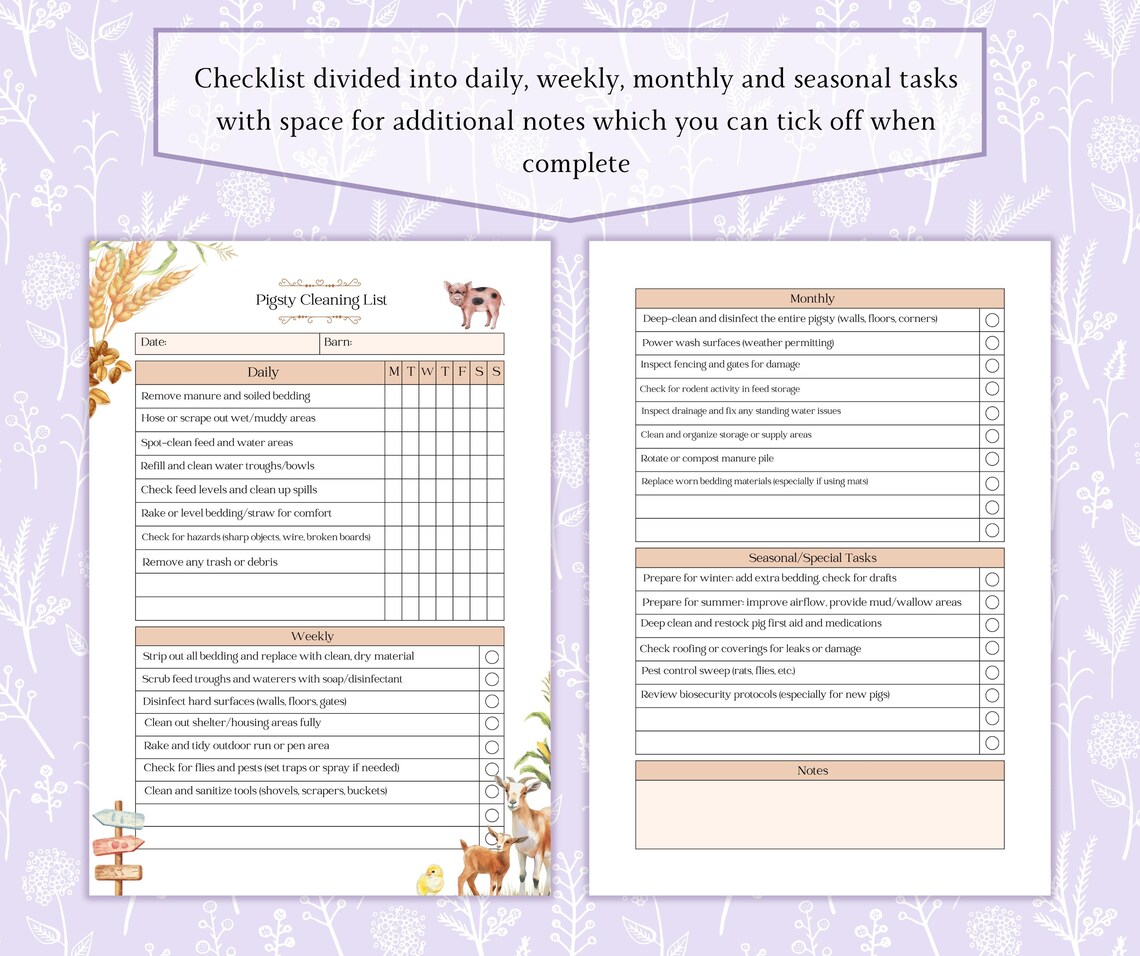 Pigsty Cleaning List Printable PDF | Pigsty Checklist | Farm Management ...