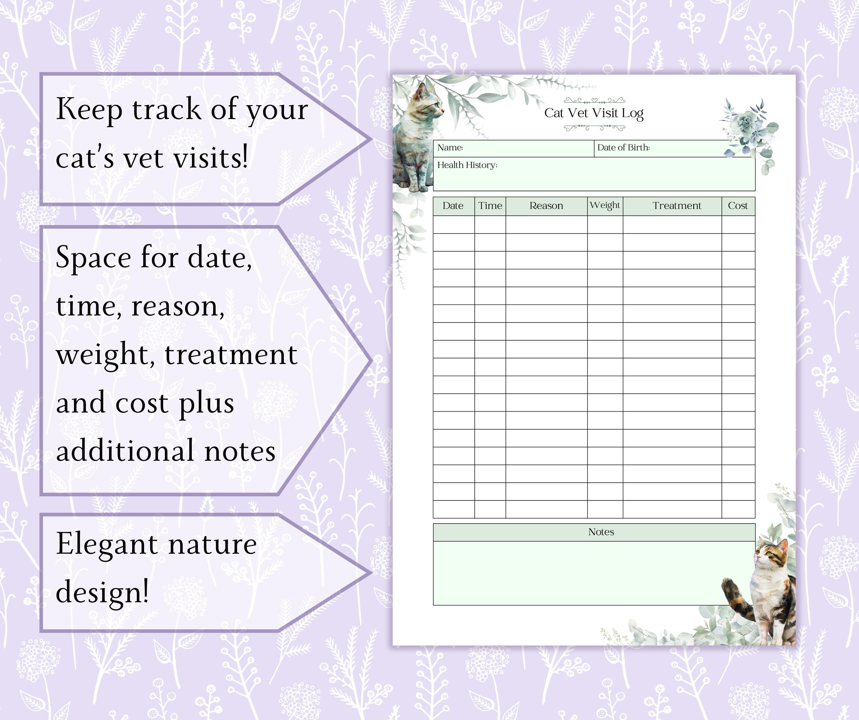 Cat Vet Visit Log Printable PDF | Cat Health Record | Vet Visit Log ...