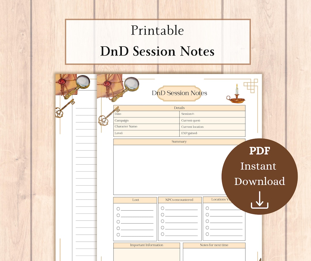 Dnd Session Notes Printable PDF | Dnd Handouts | Dnd Player Journal ...