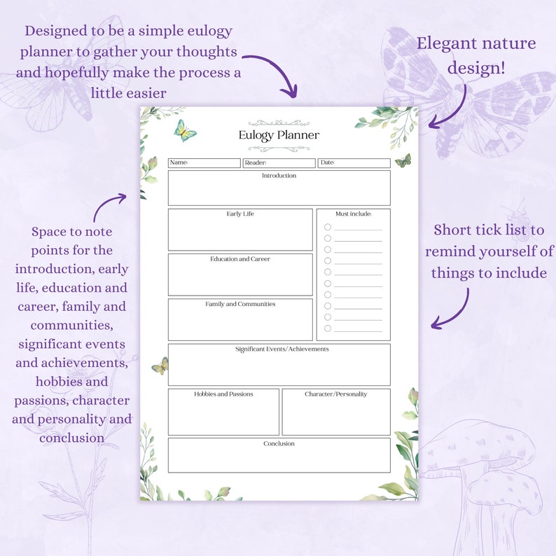 Eulogy Planner Printable PDF | Simply Eulogy Planner | Eulogy Organizer ...