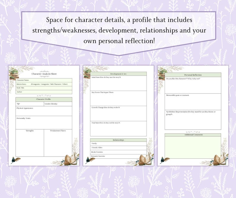 Character Analysis Sheets Printable PDF, Reading Journal Page, Study ...