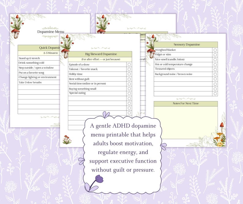 ADHD Dopamine Menu Printable PDF, Motivation and Executive Dysfunction ...
