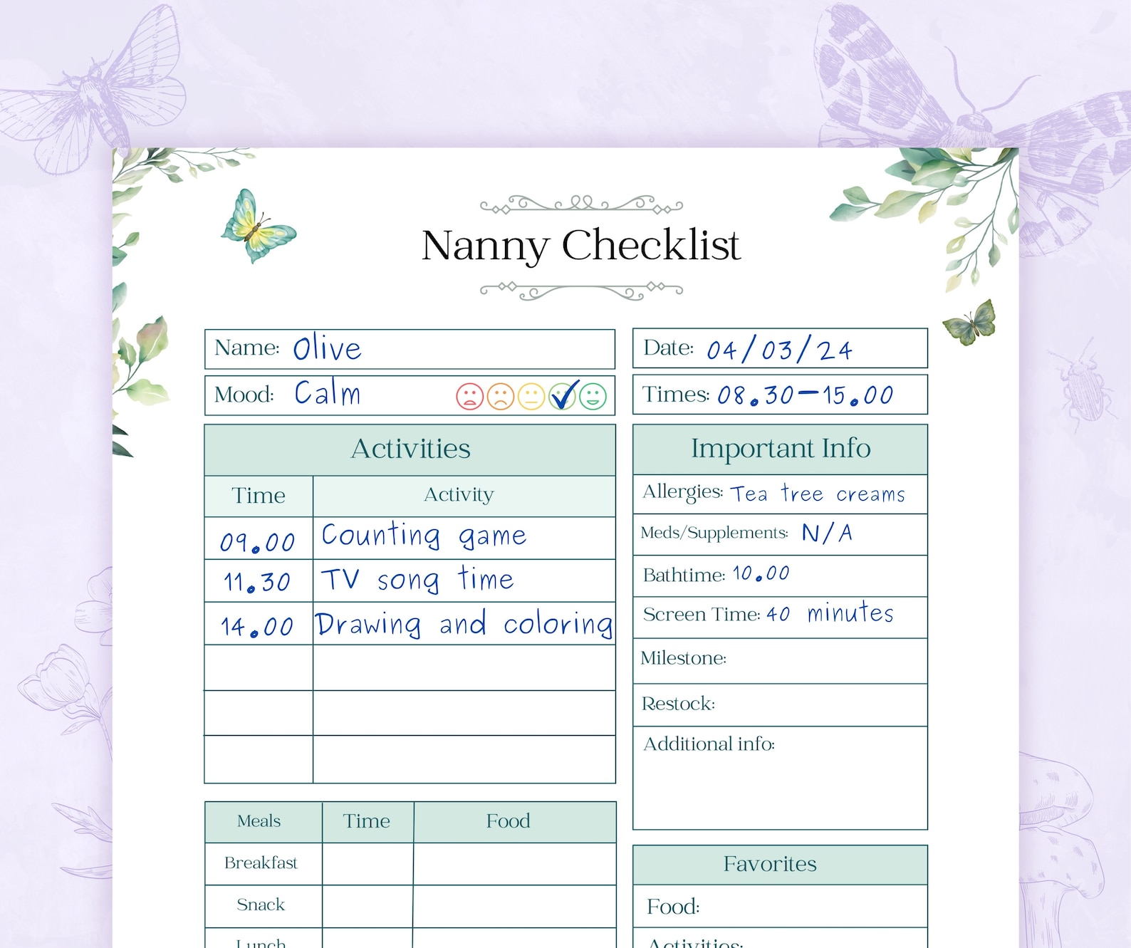 Nanny Checklist Printable PDF | Caregiver Checklist | Nanny Schedule ...