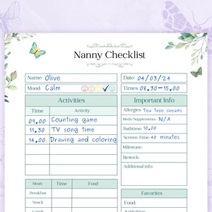 Nanny Checklist Printable PDF | Caregiver Checklist | Nanny Schedule ...