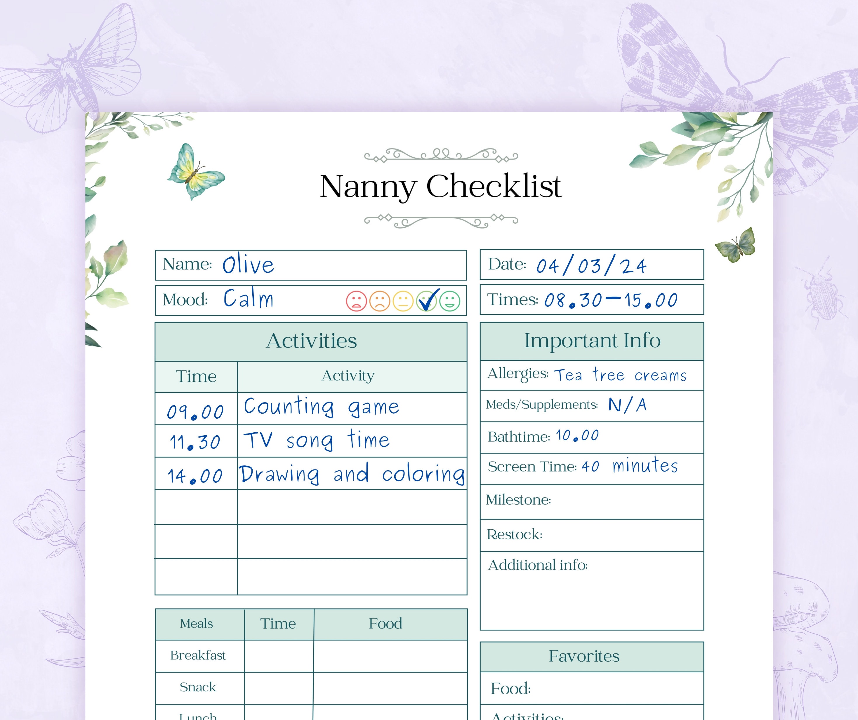 Nanny Checklist Printable PDF | Caregiver Checklist | Nanny Schedule ...