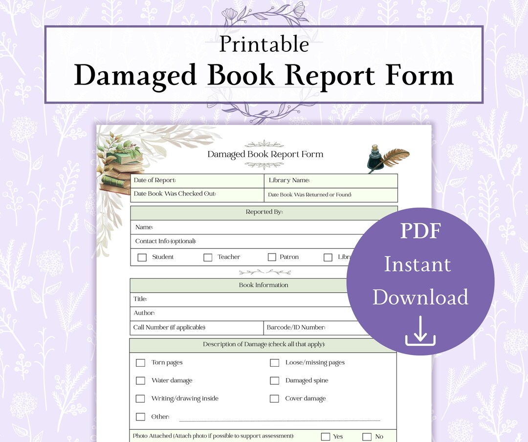 Damaged Book Report Form Printable PDF | Library Damaged Book Report ...