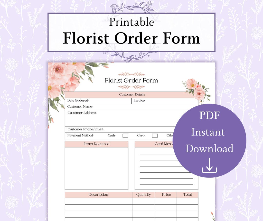 Florist Order Form Printable PDF | Flower Order | Product Order Form ...