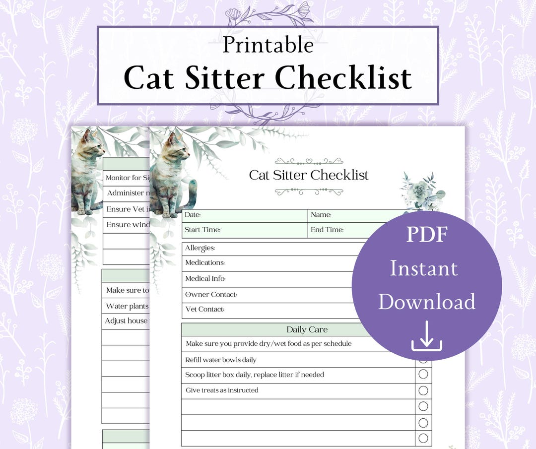 Cat Sitter Checklist Printable PDF | Pet Sitting Planner | Cat Sitter ...