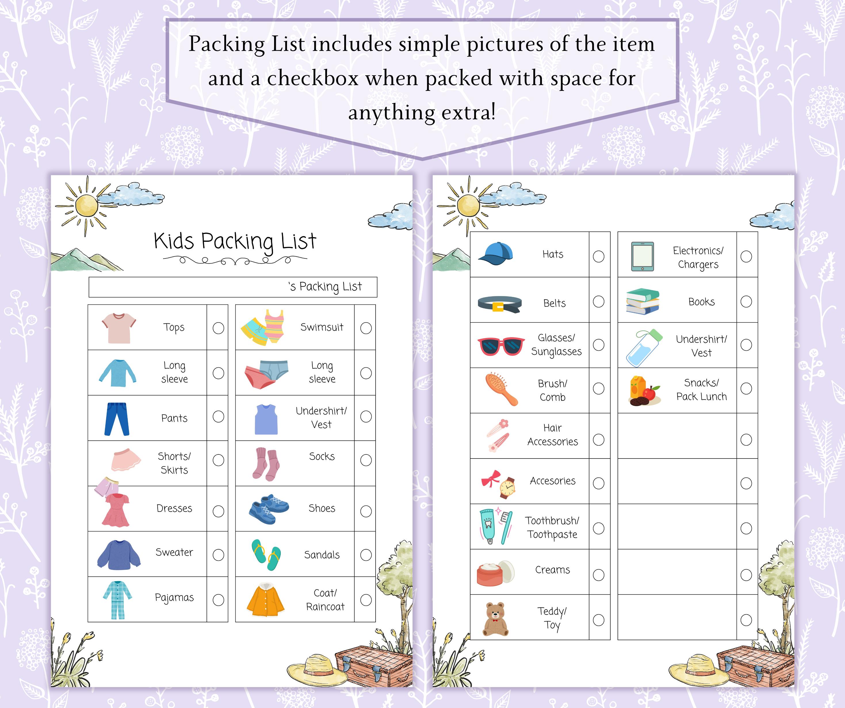 Kids Packing List Printable PDF | Travel Packing Checklist for Kids ...