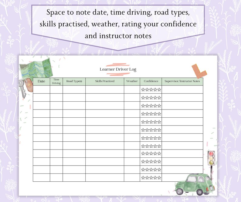 Learner Driver Log Sheet Printable PDF | Driving Lesson Tracker | Practise Driving Session Log ...