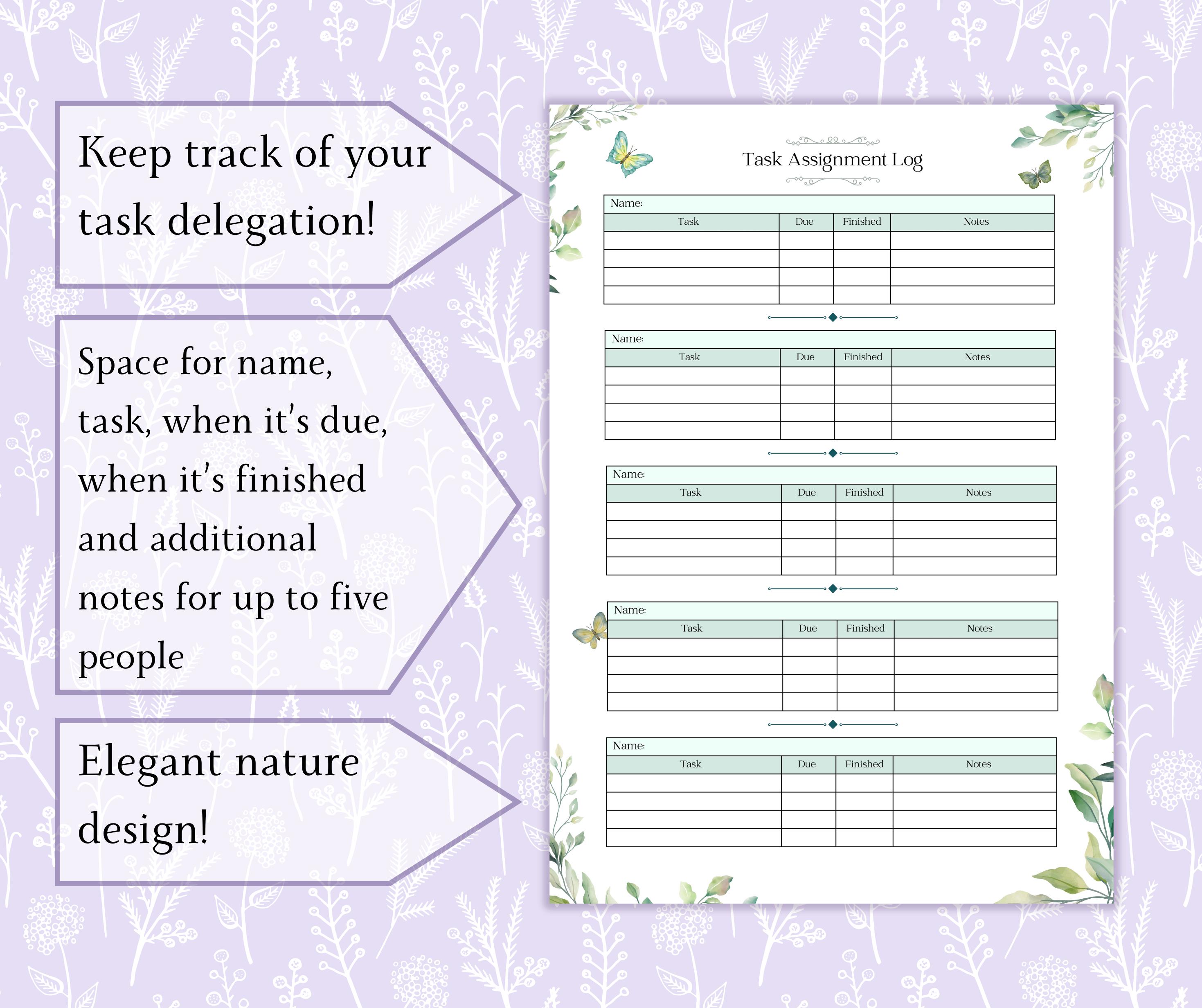 Task Assignment Log Printable PDF Employee Task List Task Delegation ...