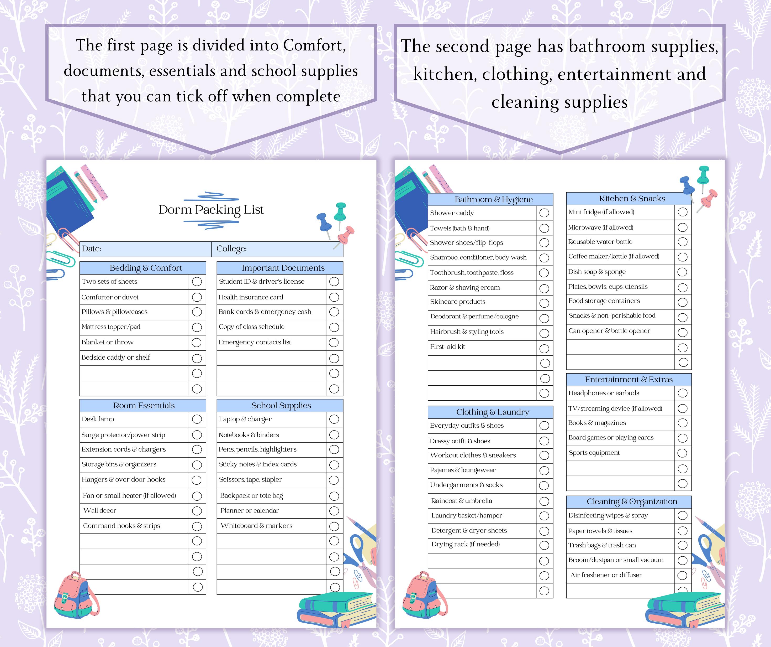 Dorm Packing List Printable PDF | College Must Haves | College Packing ...
