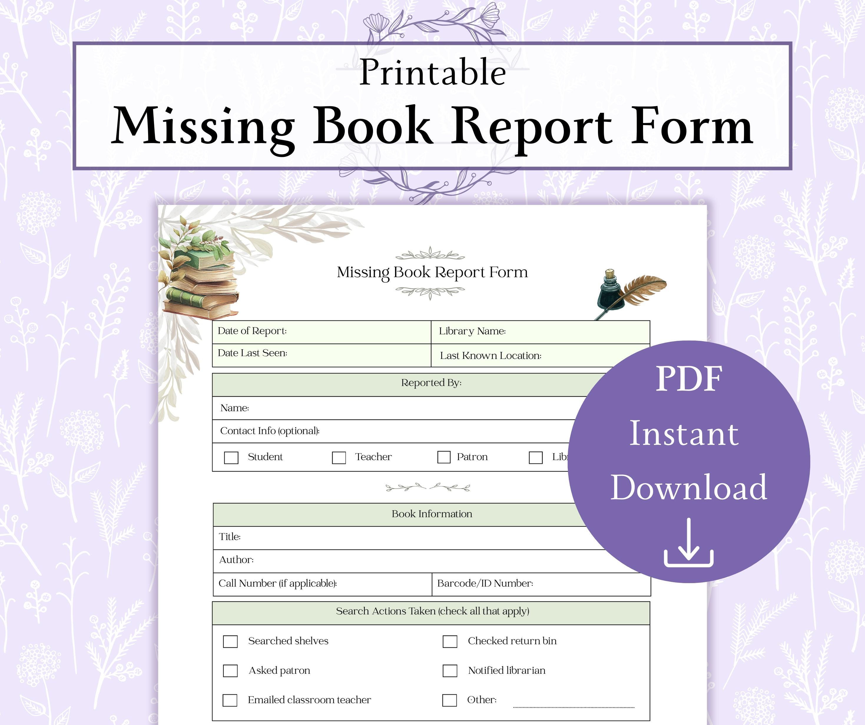Missing Book Report Form Printable PDF | Lost Library Book Report Sheet ...