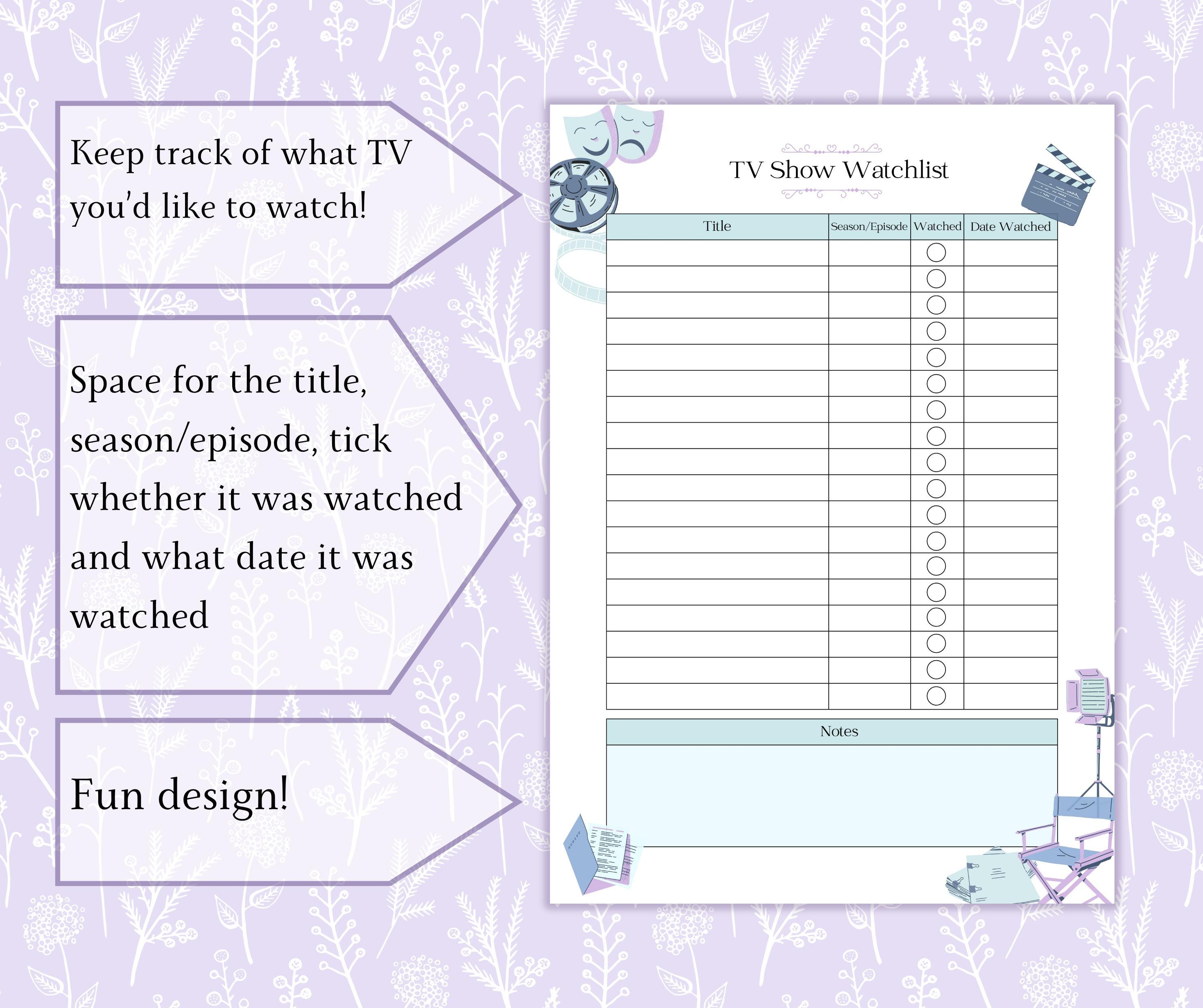 TV Series Watchlist Printable PDF | Watchlist Template | TV Show Watch ...
