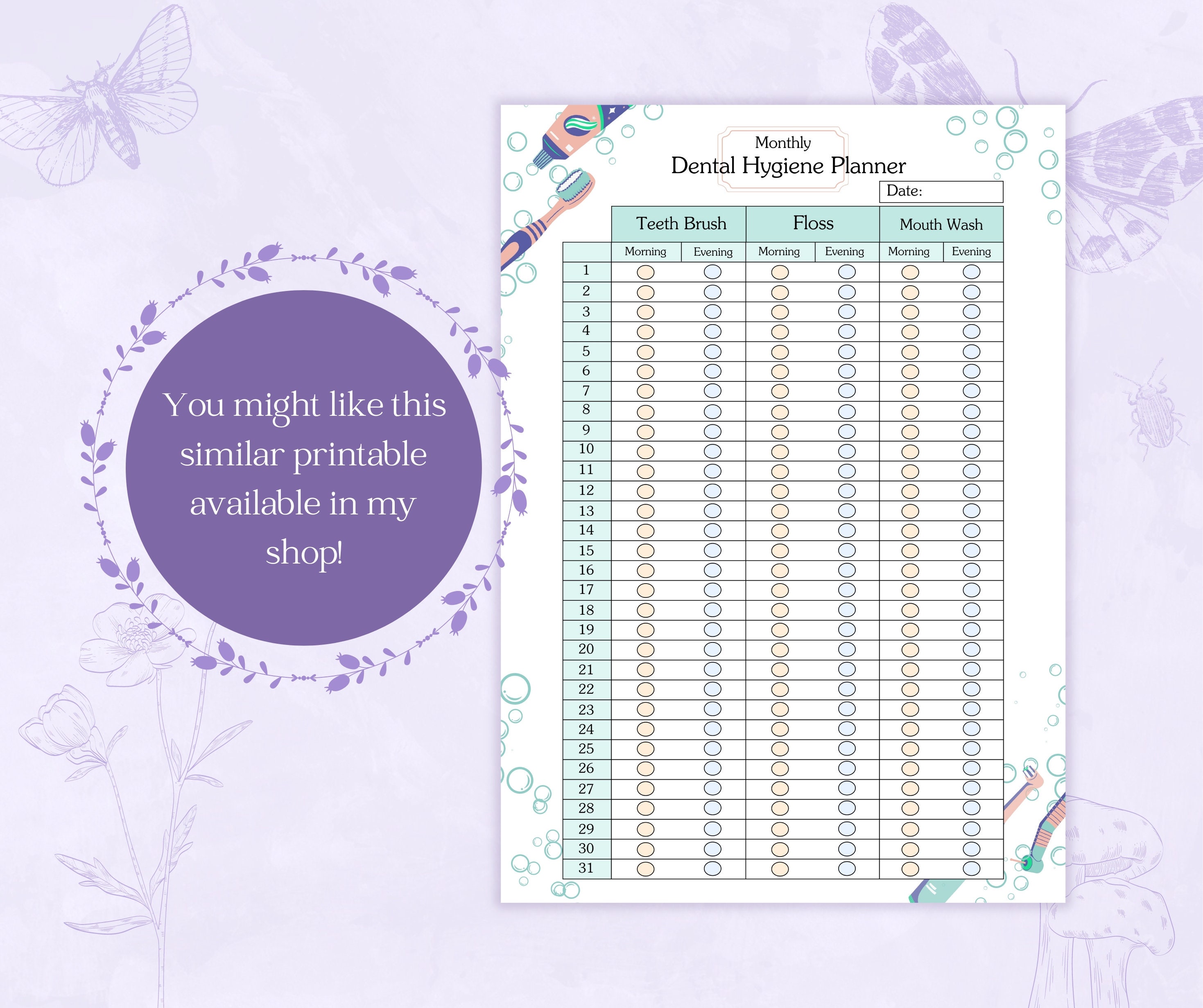 Dental Hygiene Planner Printable PDF | Weekly Teeth Brushing Tracker ...