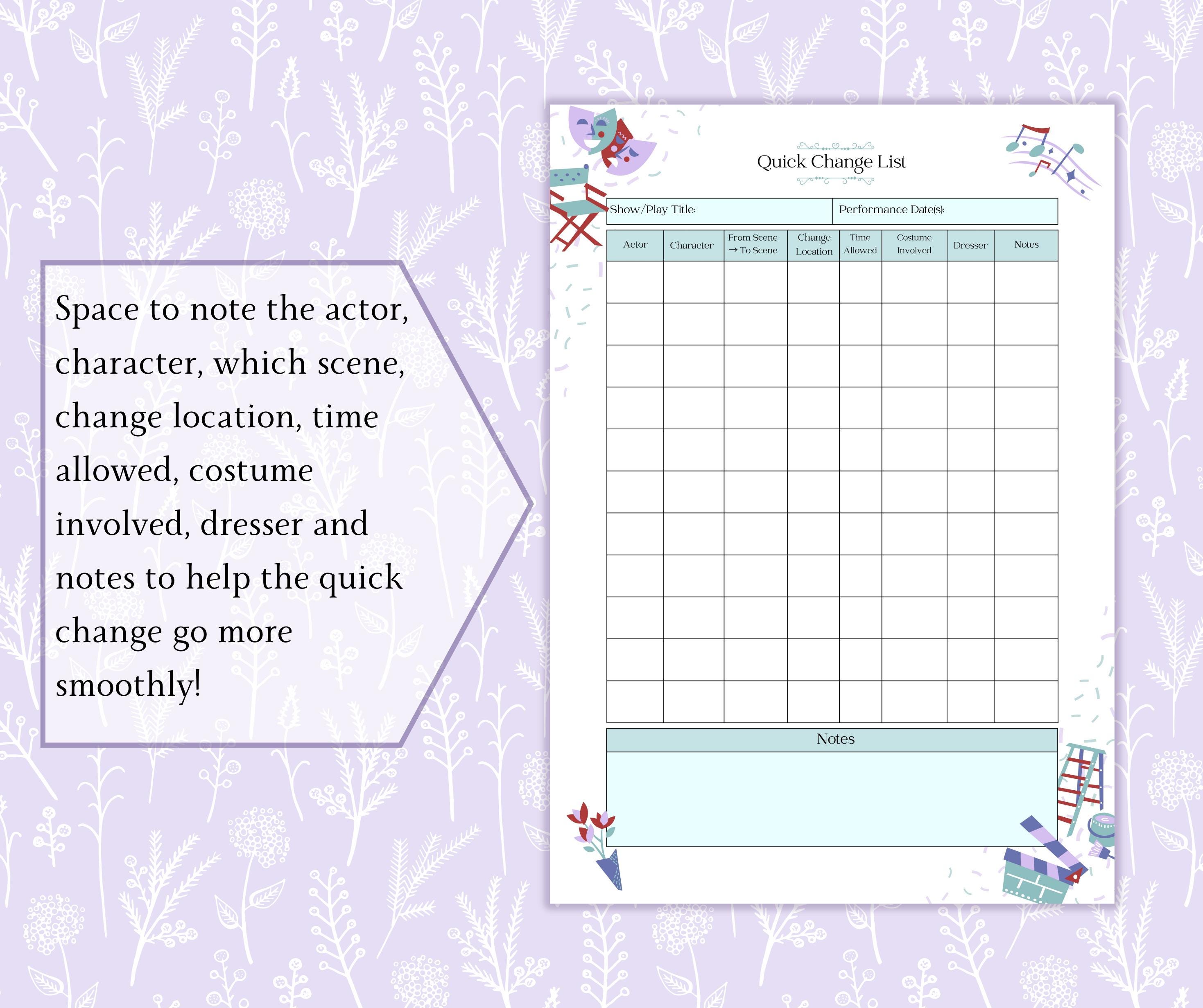 Stage Quick Change List Sheet Printable PDF | Theater Costume Change ...