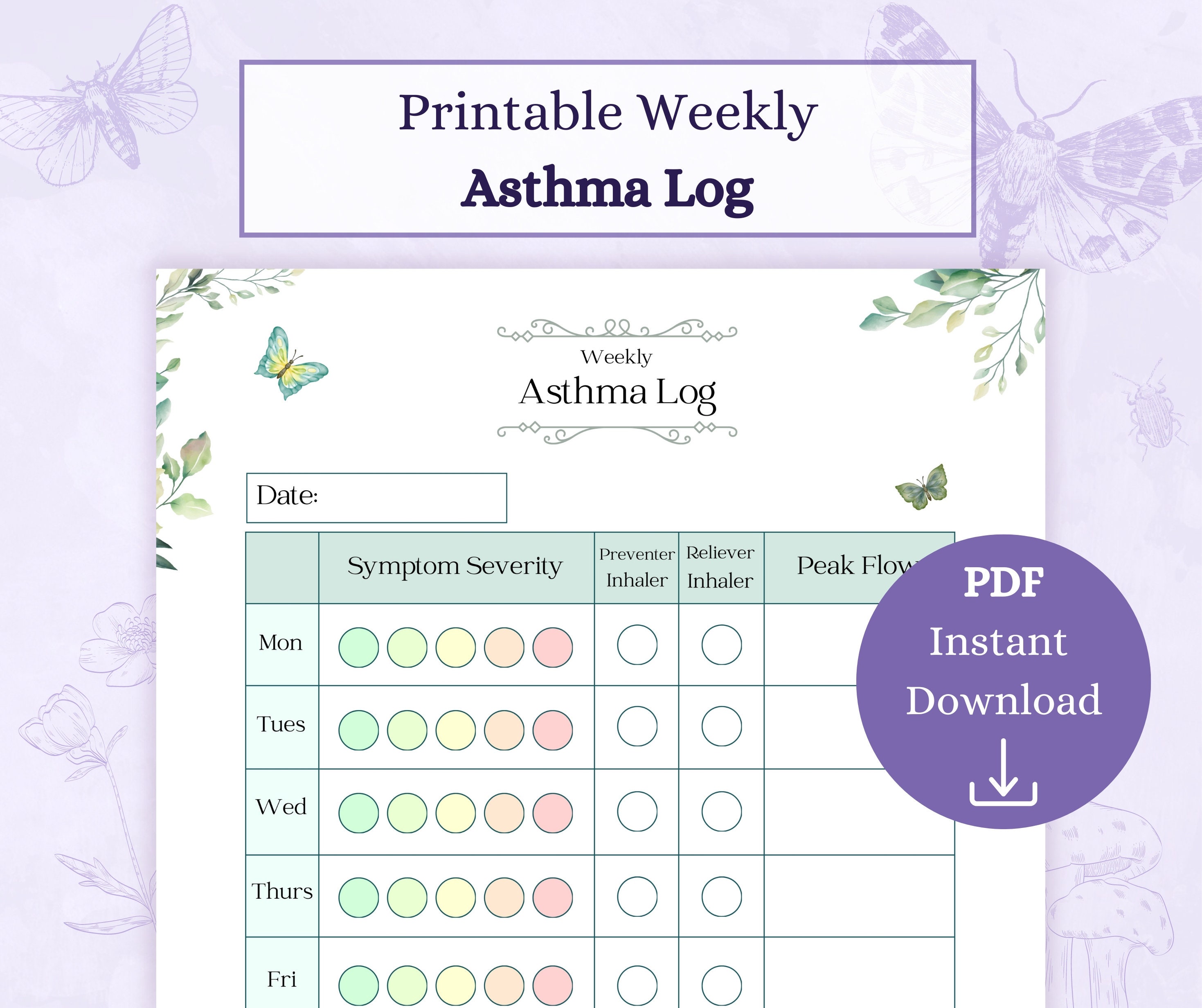 Asthma Log Printable PDF | Weekly Asthma Tracker | Symptom Tracker | Medication Log | Medical ...