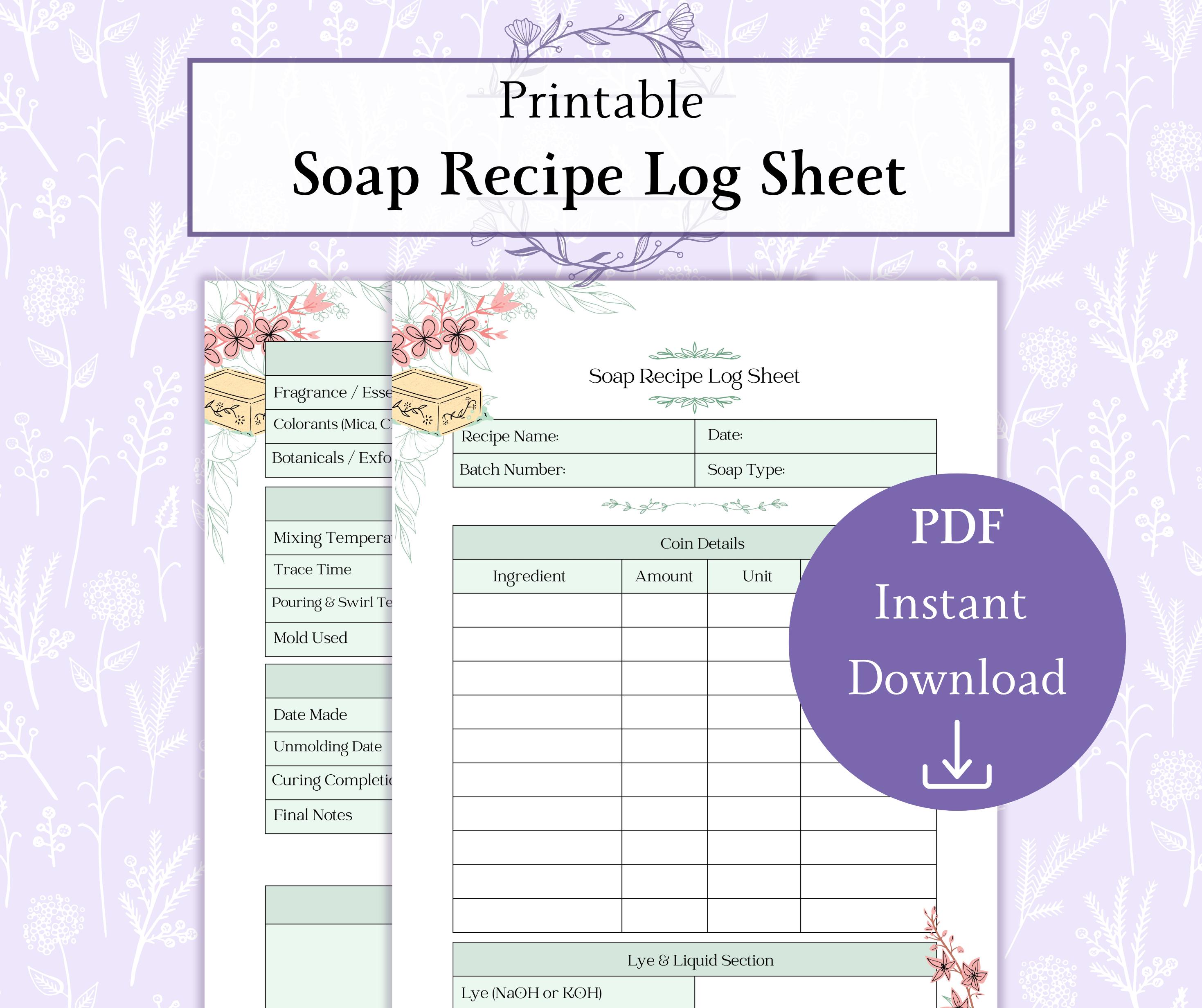 Soap Recipe Log Sheet Printable PDF, Soap Making Log, Soap Making ...
