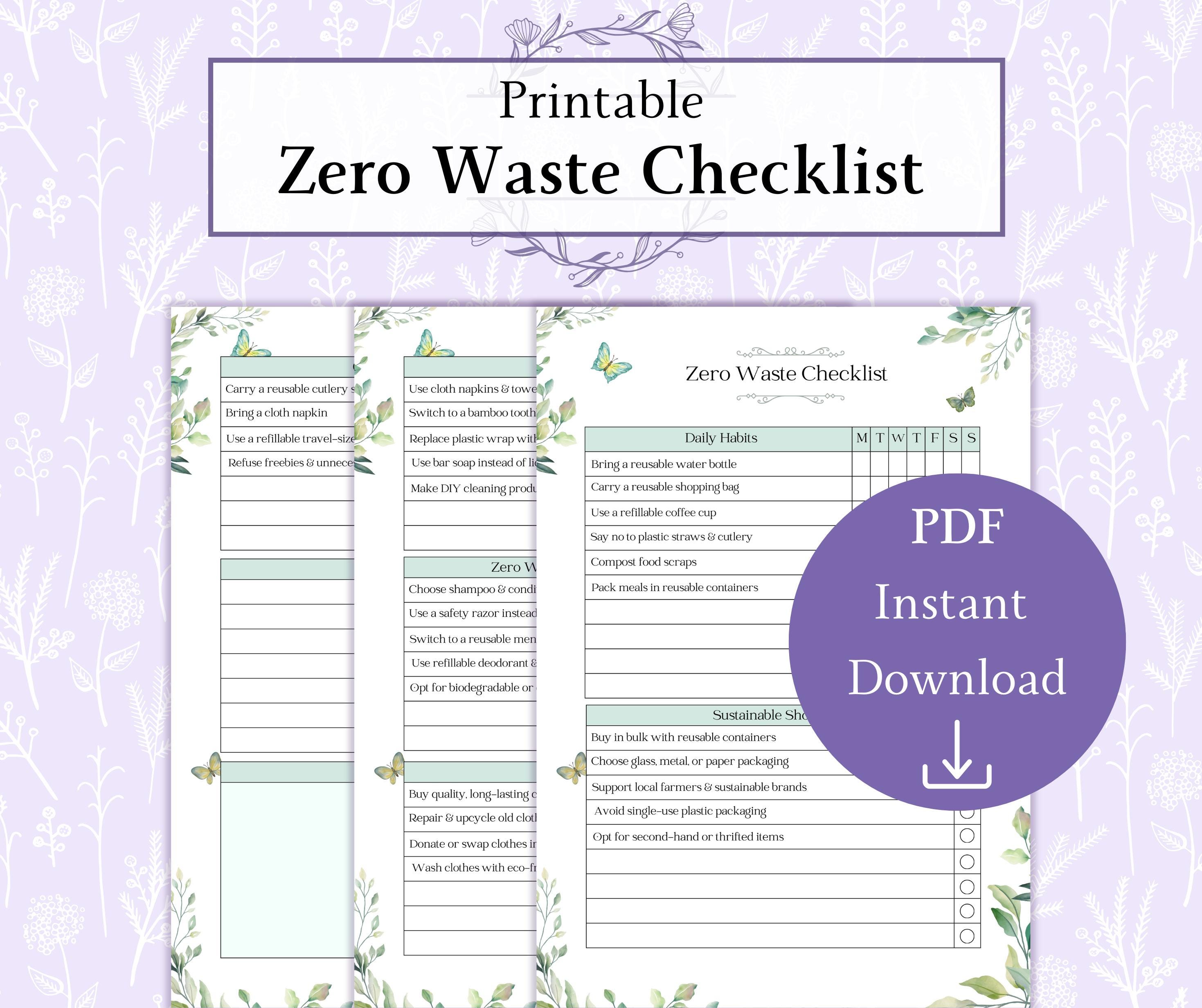 Zero Waste Checklist Printable PDF | Zero Waste Starter Kit Printable | Sustainable Starter List ...