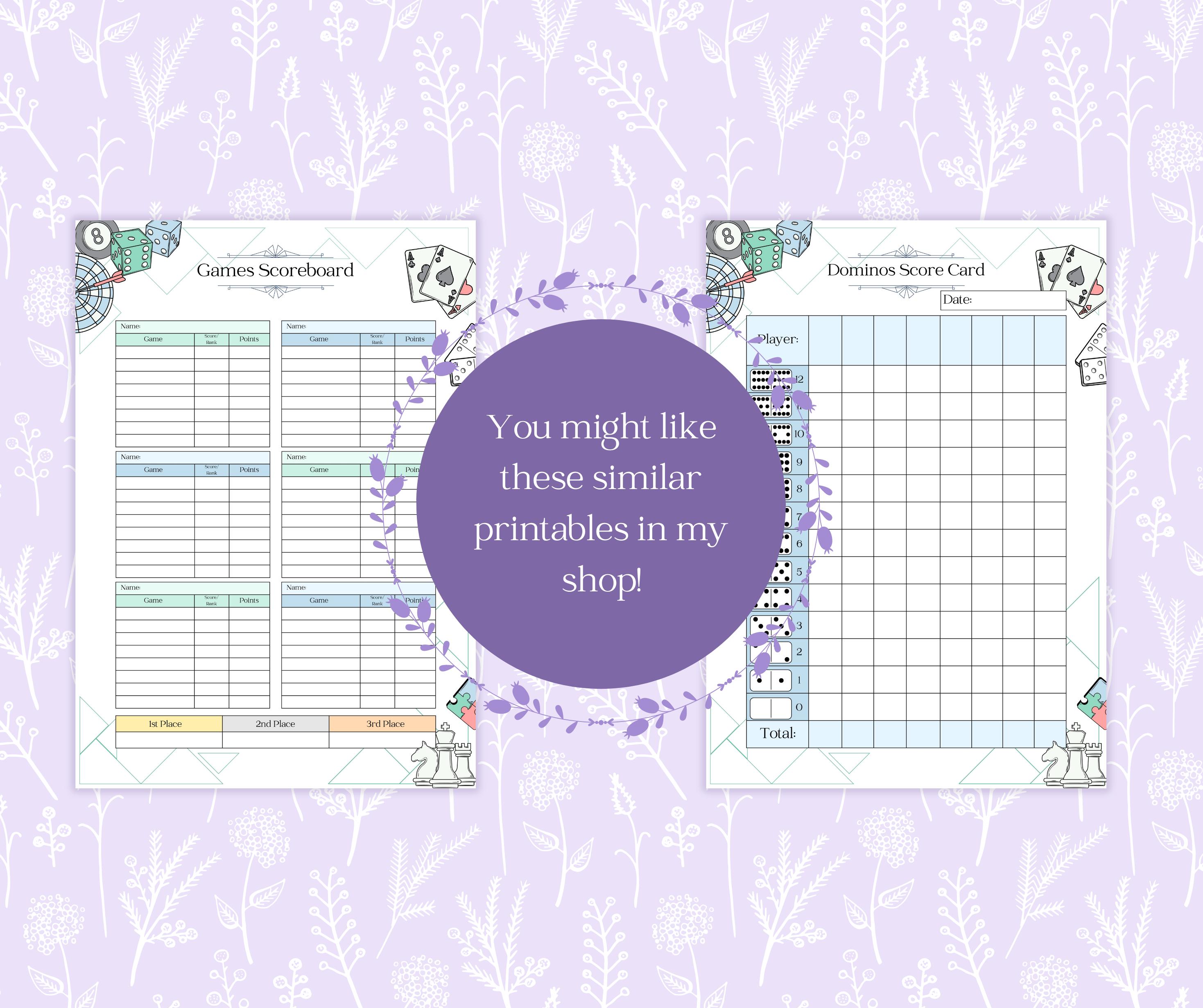 Games Night Scoreboard Printable PDF | Board Games Score Card | Games ...